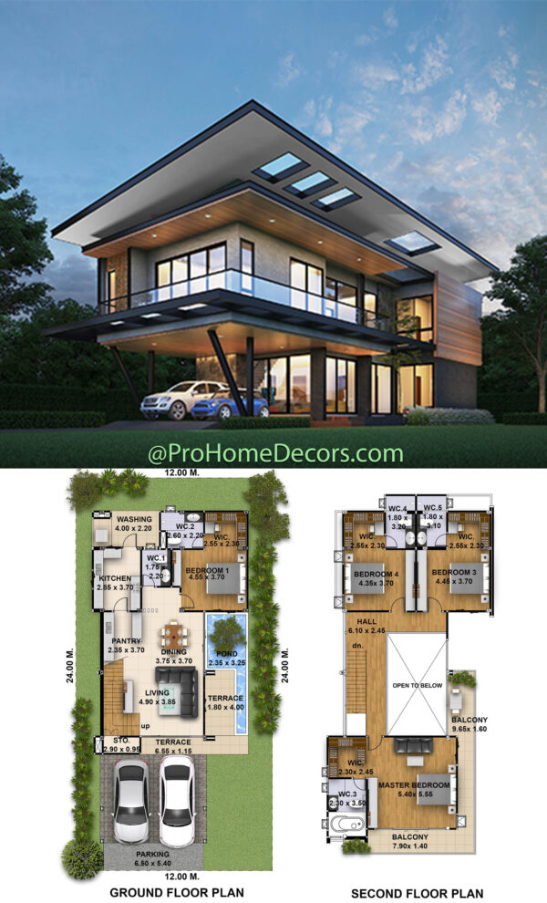 4 Bedrooms House Plans Plot 12x24 Meters - Pro Home DecorS